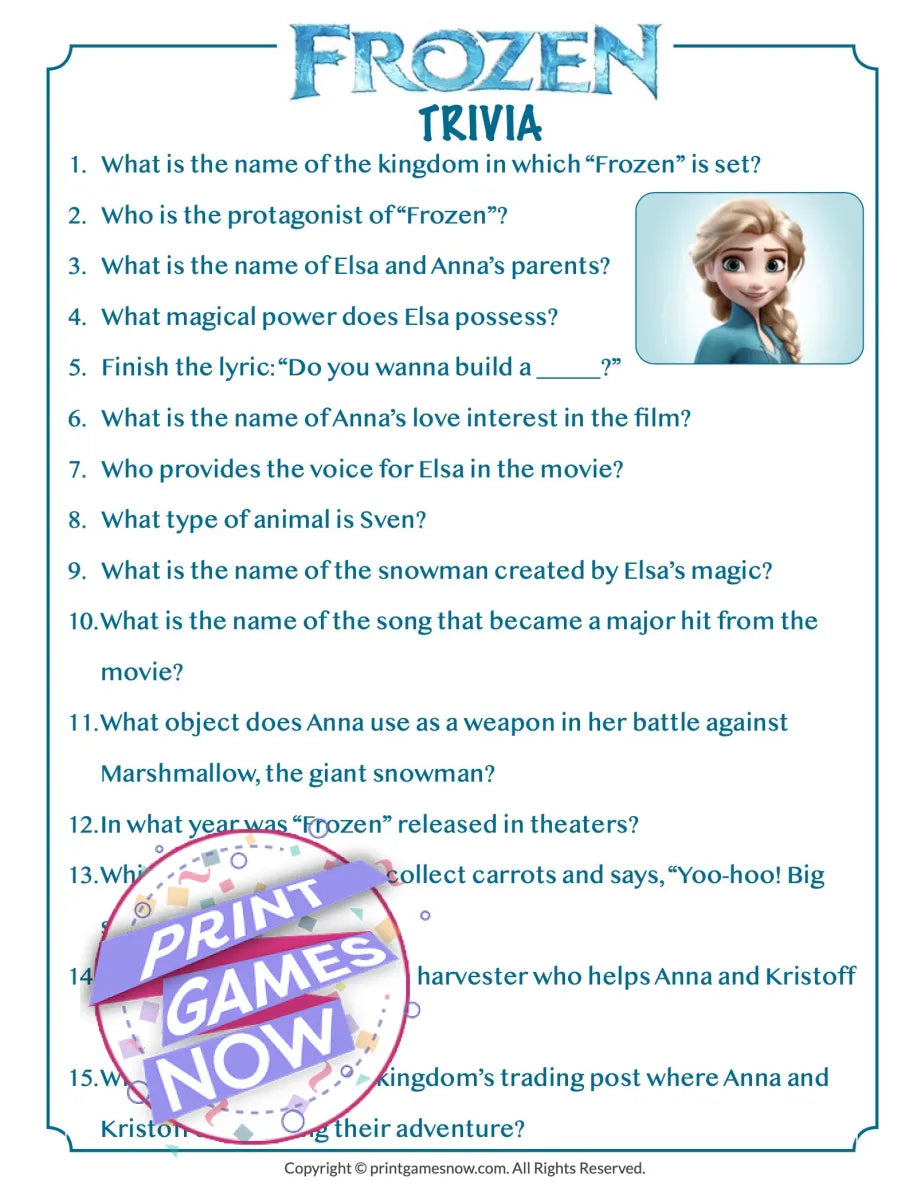 Printable Frozen Trivia Party Game — Print Games Now