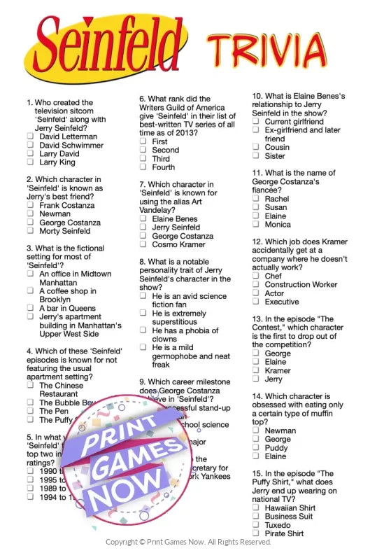 Printable Seinfeld Trivia Party Game — Print Games Now