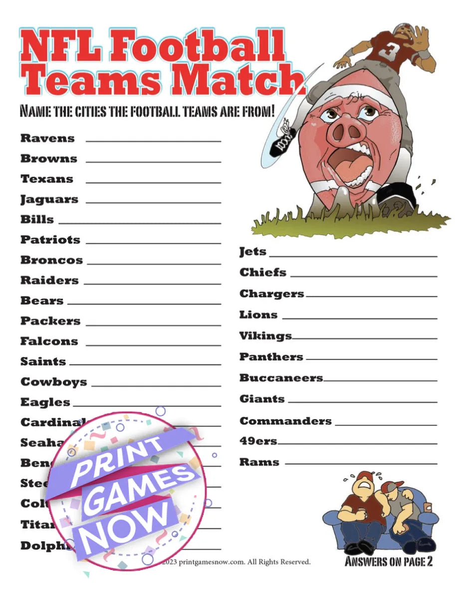Printable Super Bowl NFL Football Teams Match Party Game — Print Games Now
