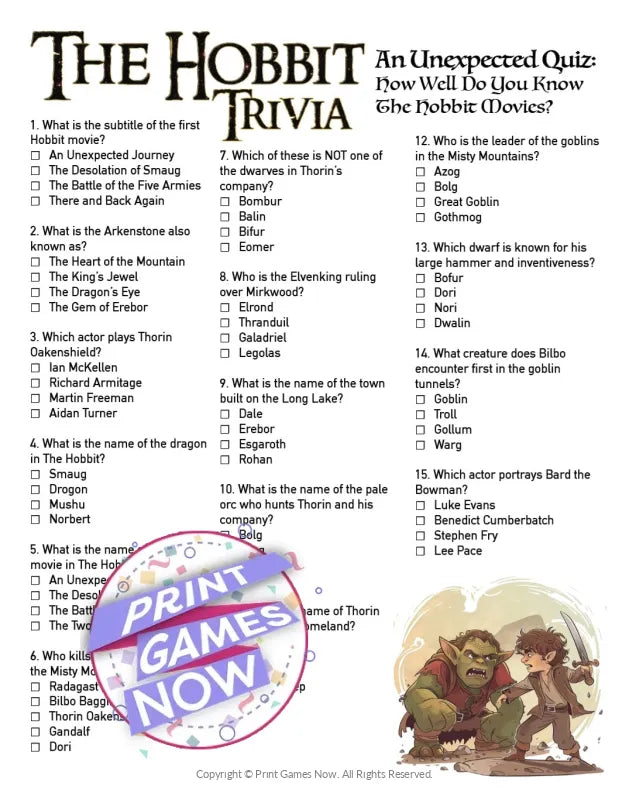 The Hobbit: An Unexpected Quiz Printable Trivia Party Game — Print ...