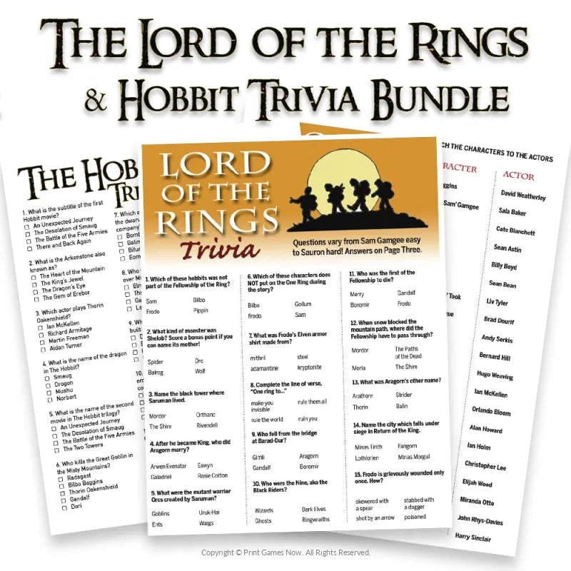 The Lord of the Rings and The Hobbit Printable Trivia Bundle Party Game ...