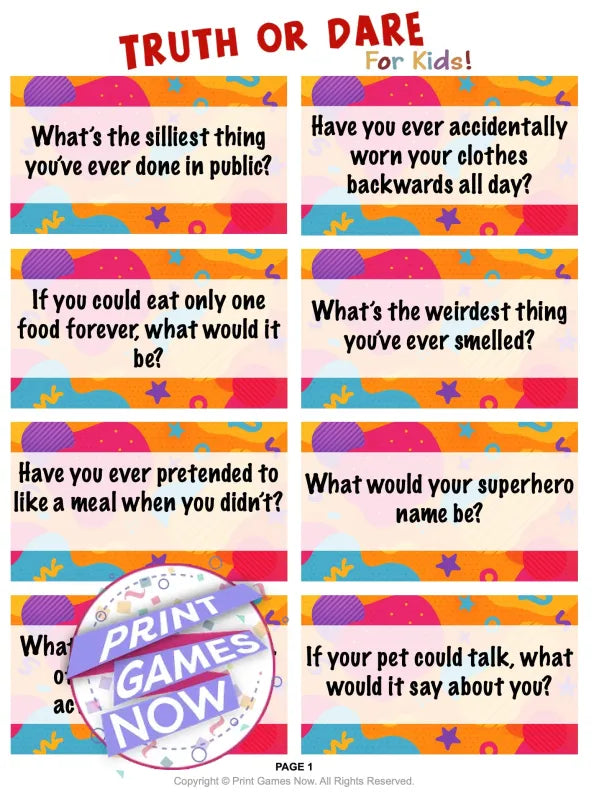 Printable Truth or Dare for Kids Game — Print Games Now