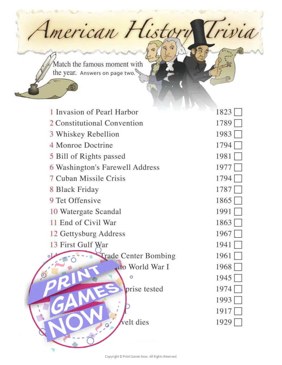 Printable American History Party Trivia Game — Print Games Now