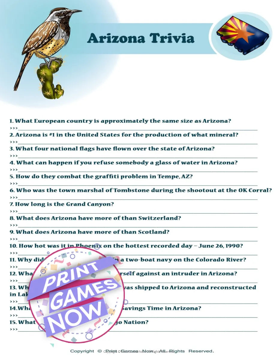 Printable Arizona Party Trivia Game — Print Games Now