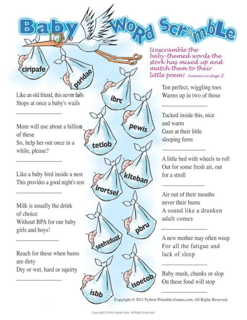 Baby Shower Word Scramble Worksheets With Answers Word Scramble Game