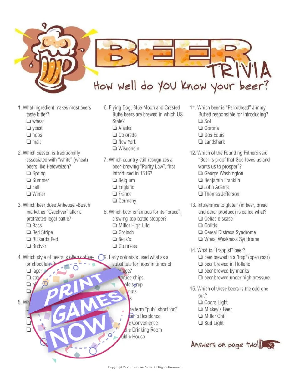 Printable Beer Facts Trivia Multiple Choice Party Game — Print Games Now
