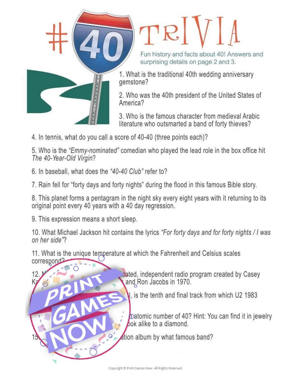 Printable Birthday Number 40 Trivia Party Game — Print Games Now