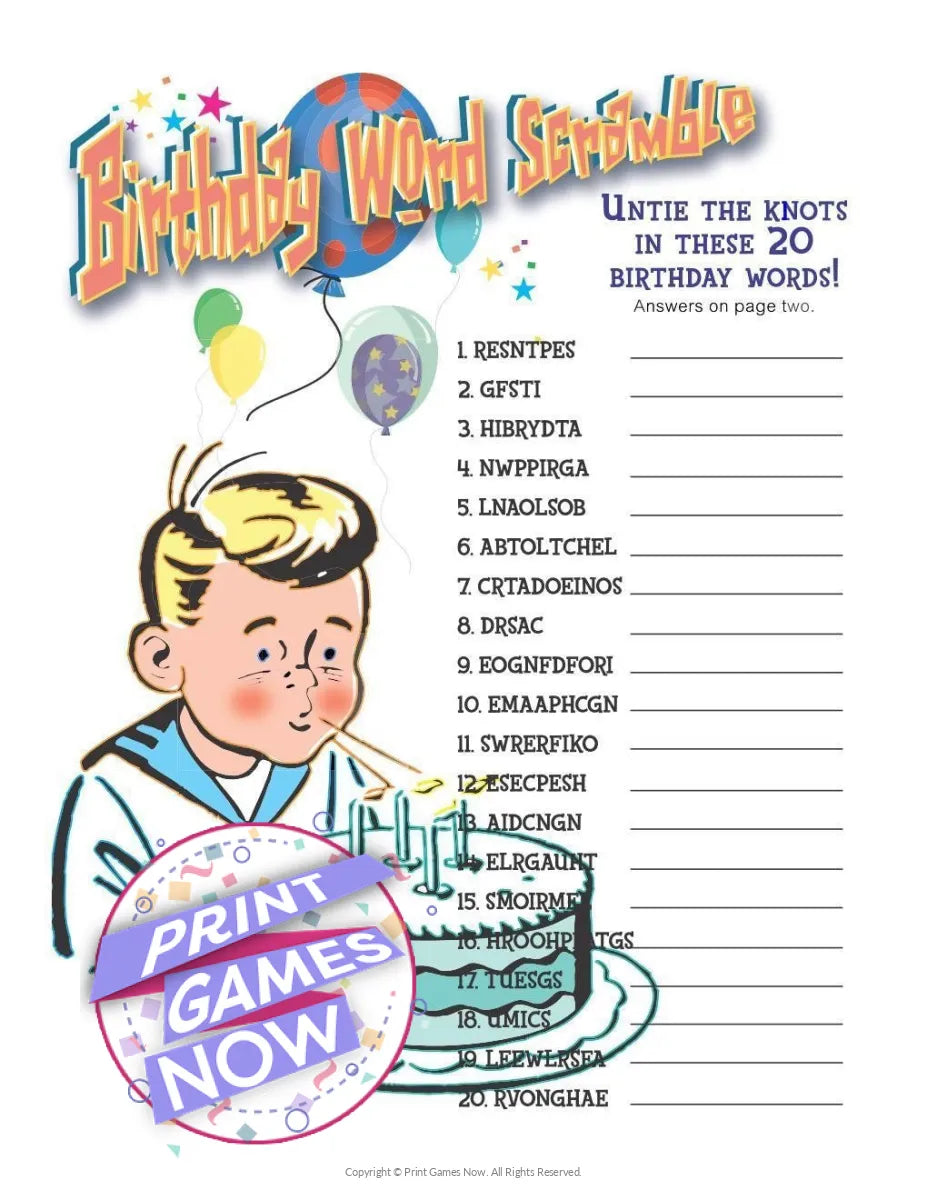 Printable Birthday Word Scramble Party Game — Print Games Now