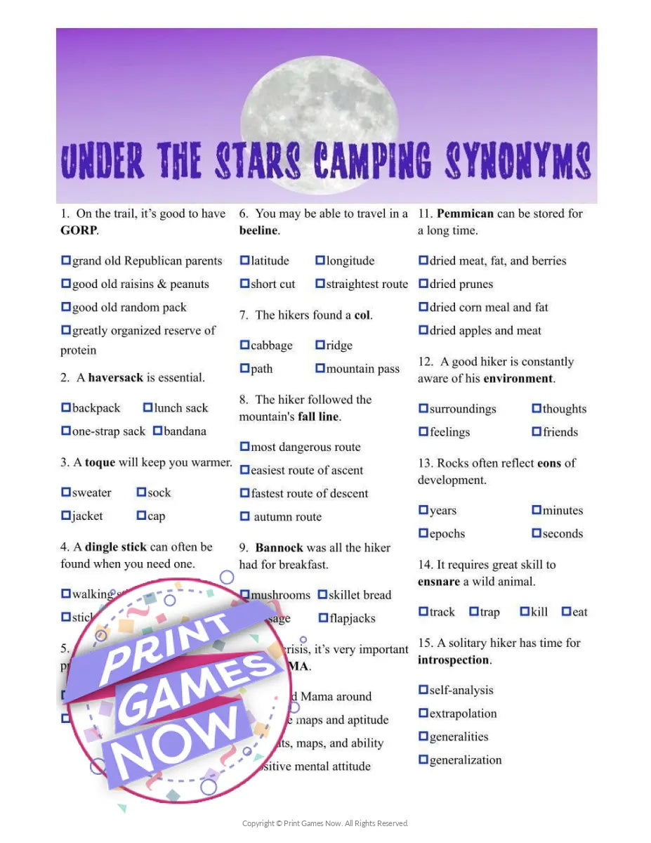 Printable Camping Games Under The Stars Synonyms Party Game — Print ...