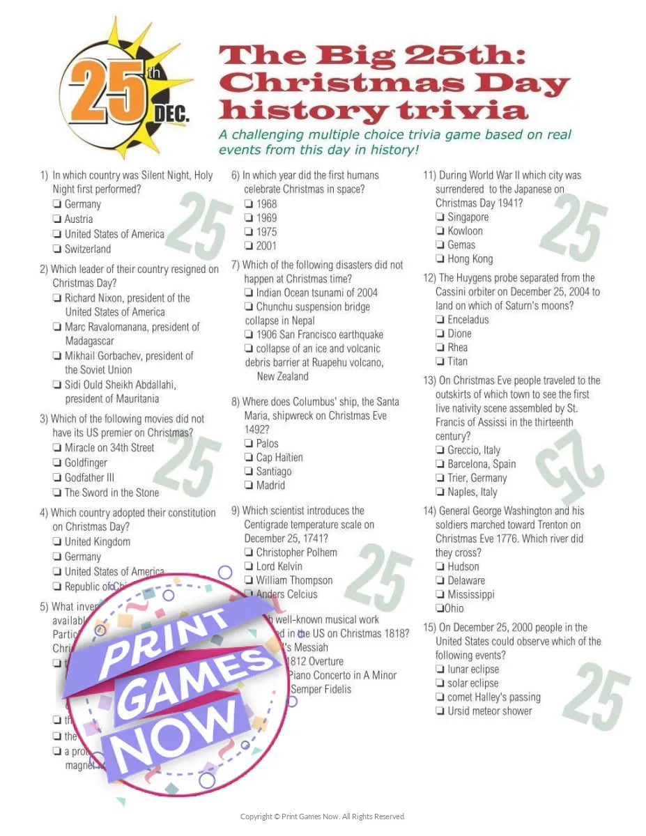 Printable Christmas December 25th Trivia Party Game — Print Games Now