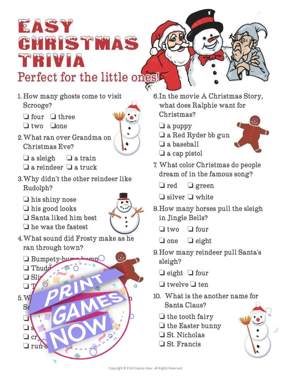 Printable Christmas Easy Trivia For Kids Party Game — Print Games Now