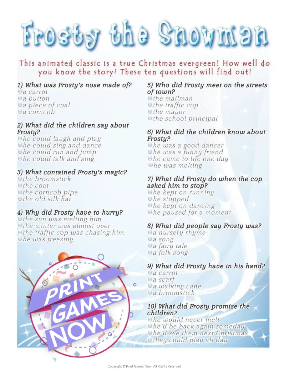 Printable Christmas Frosty the Snowman Trivia Party Game — Print Games Now