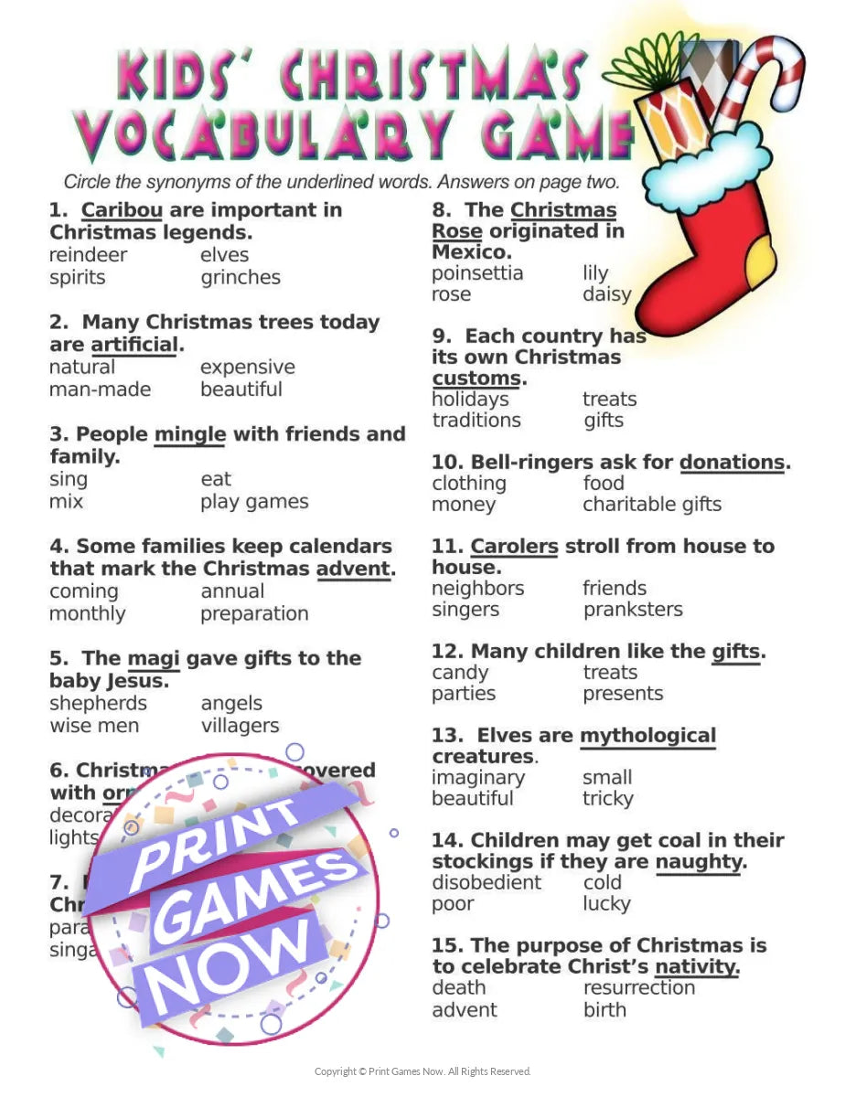 Printable Christmas Kids' Vocabulary Party Game — Print Games Now