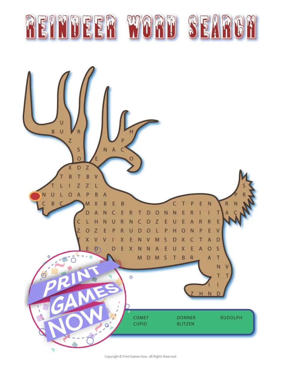 Printable Christmas Reindeer Word Search Party Game — Print Games Now