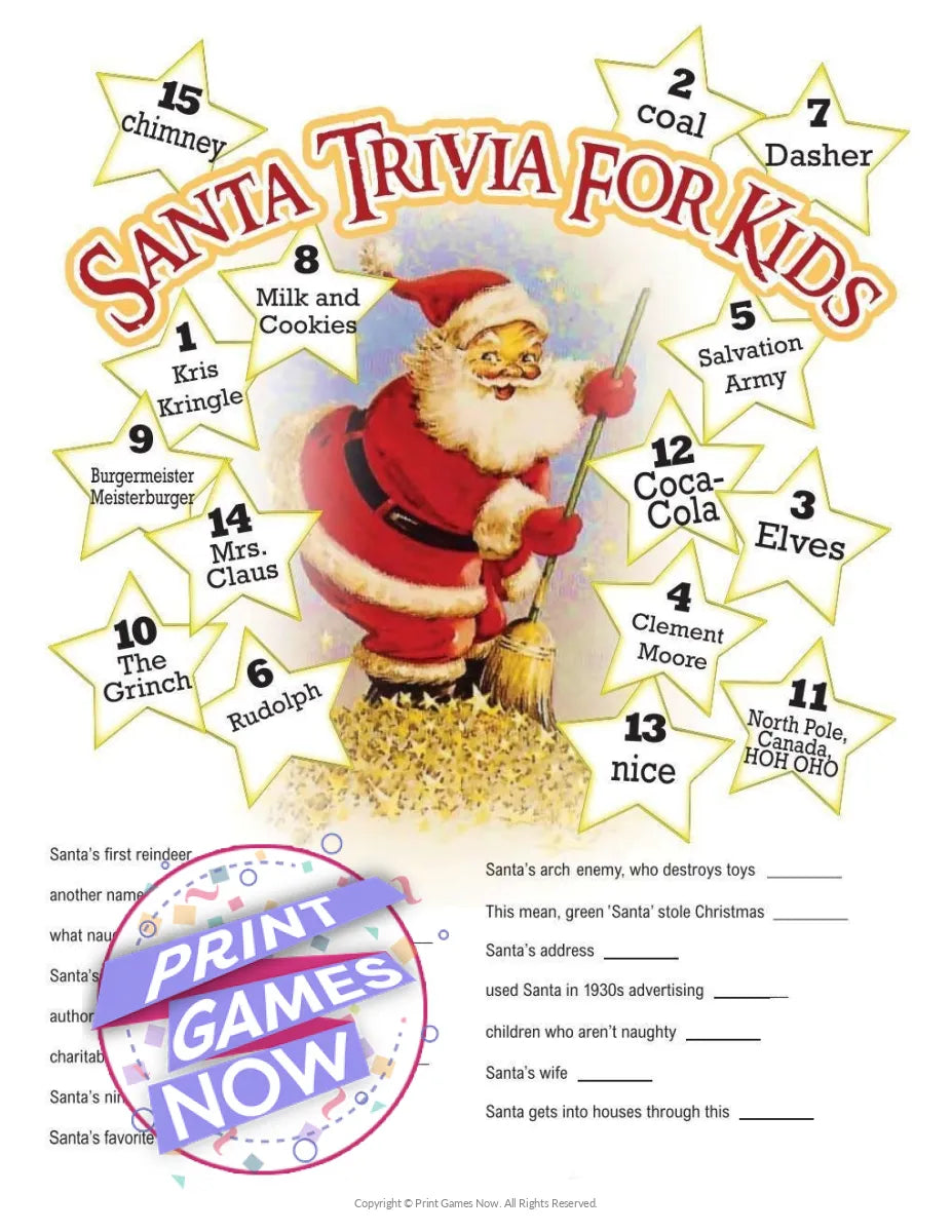 Printable Christmas Santa Claus Trivia For Kids Party Game — Print ...