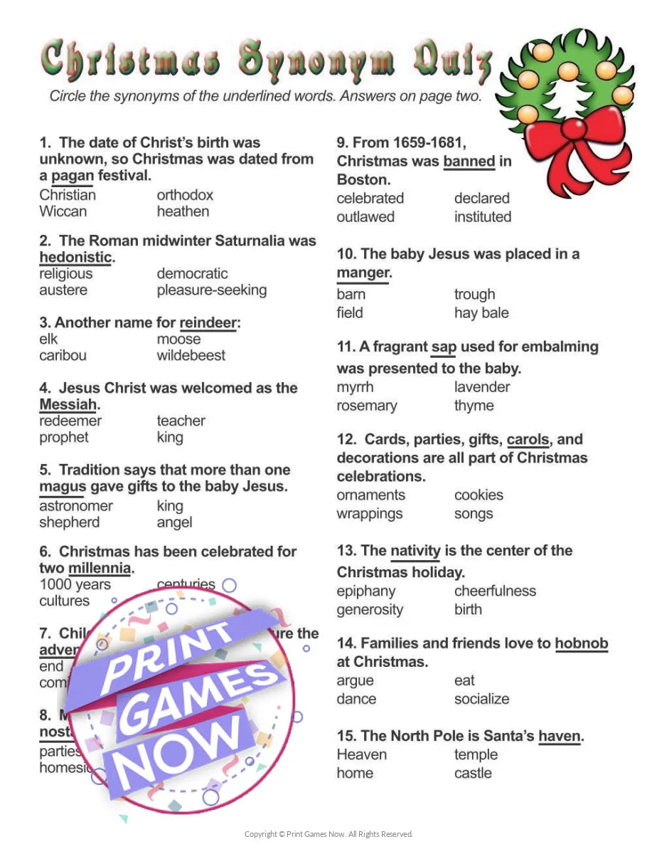Printable Christmas Synonyms Worksheet Quiz Party Game — Print Games Now