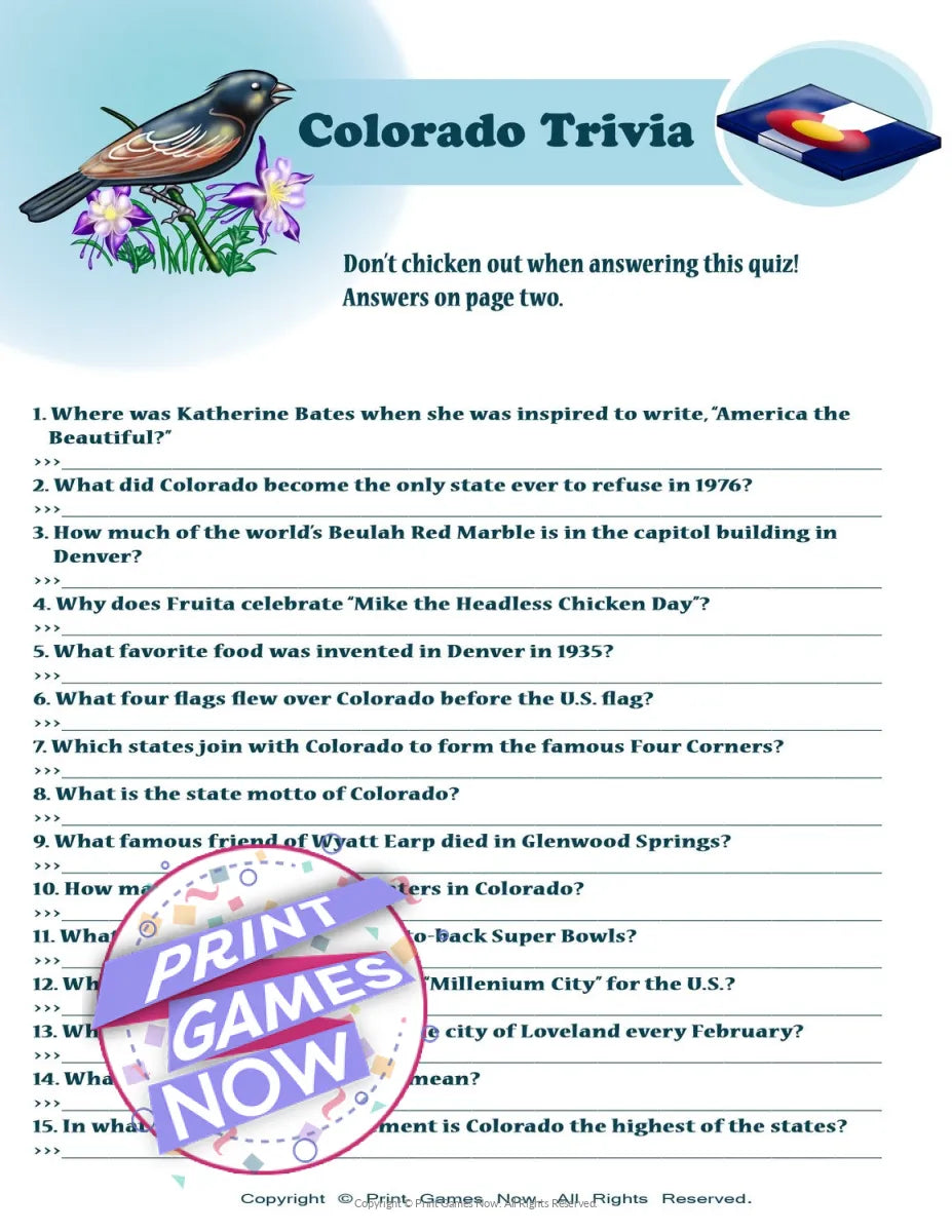 Printable Colorado Party Trivia Game — Print Games Now