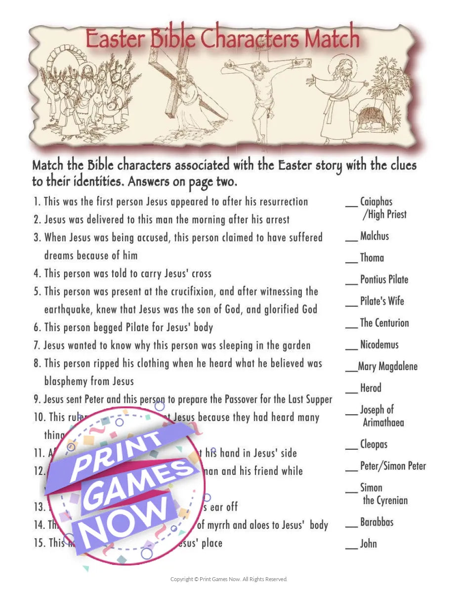 Printable Easter Bible Characters Match Party Game — Print Games Now
