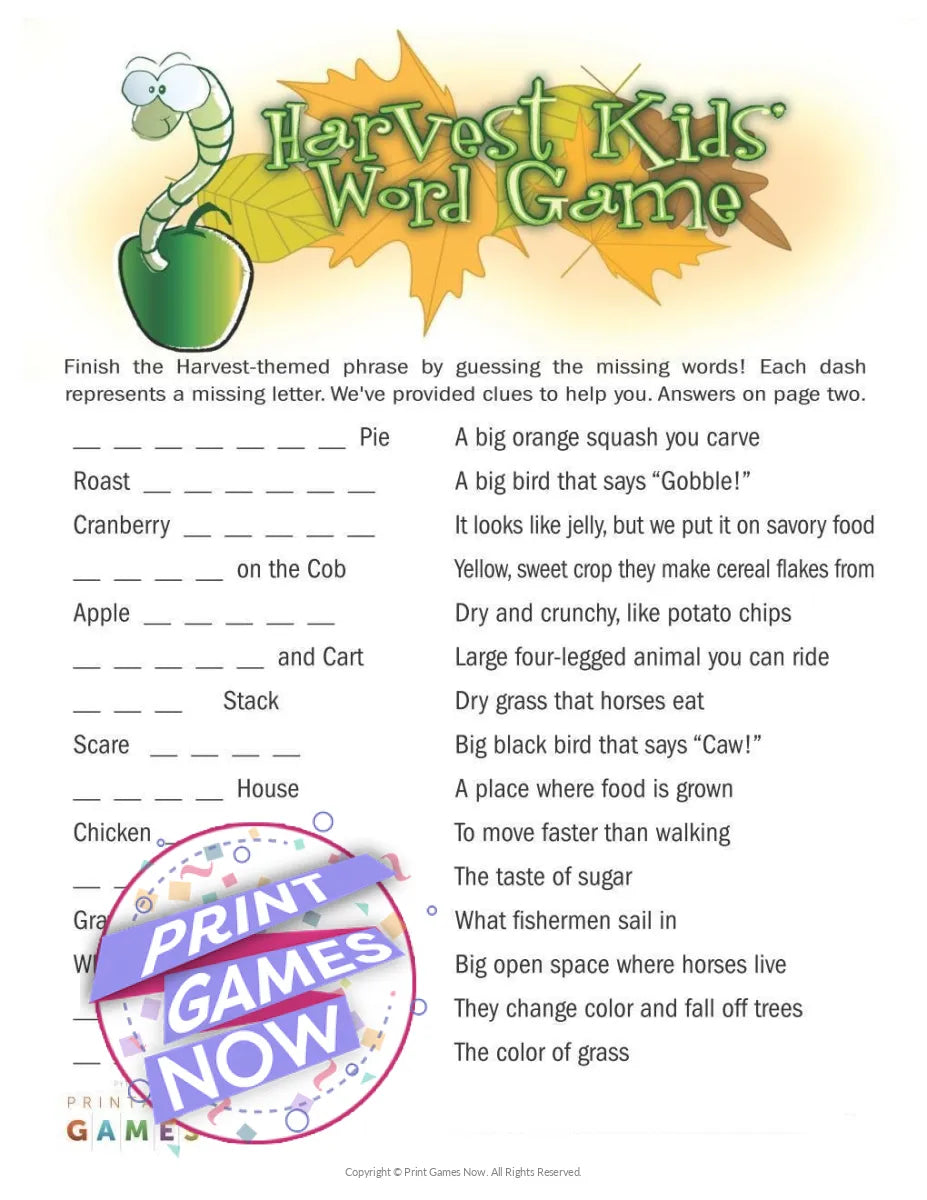 Printable Fall Harvest Kids' Word Party Game — Print Games Now