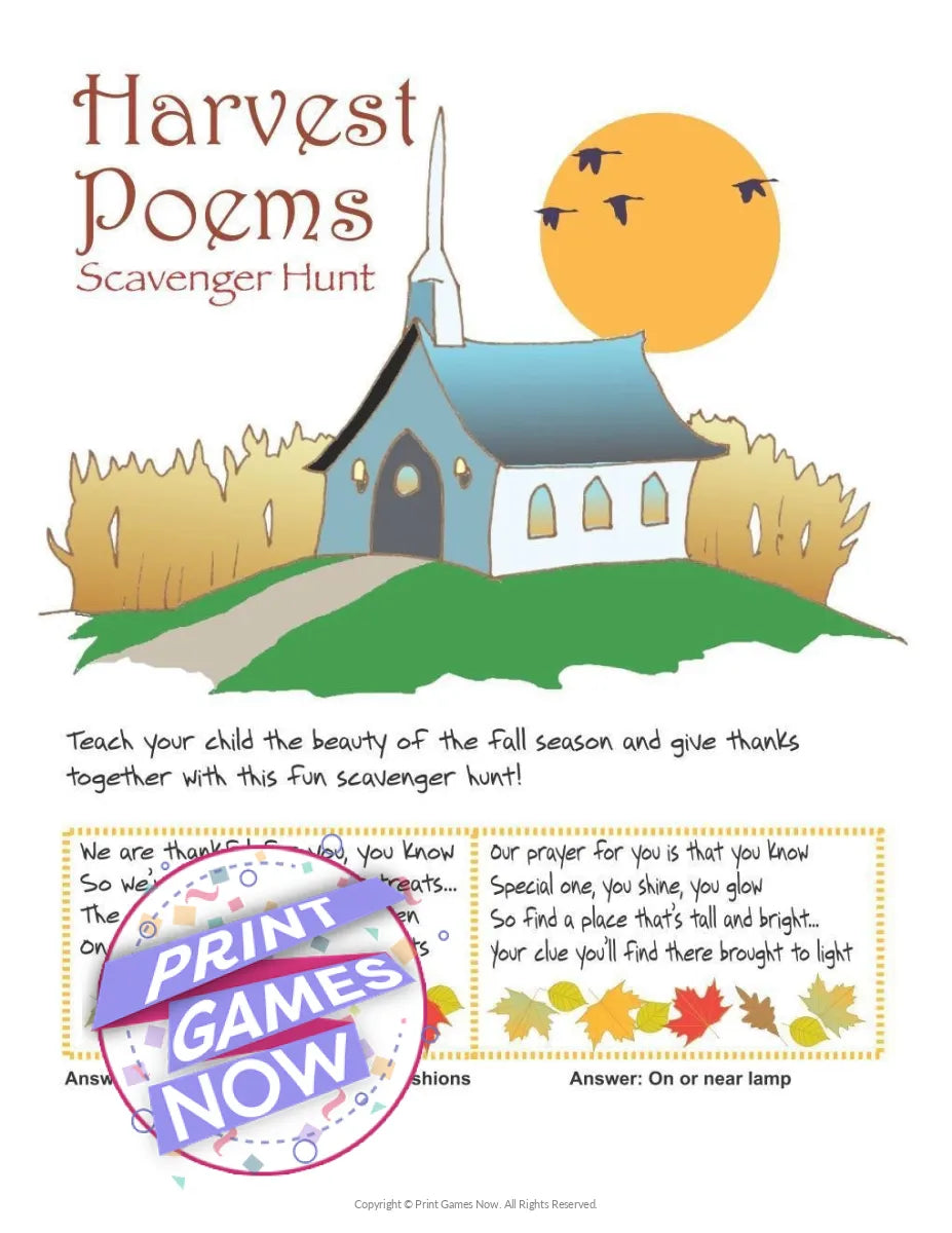 Printable Fall Harvest Poems Scavenger Hunt Party Game — Print Games Now