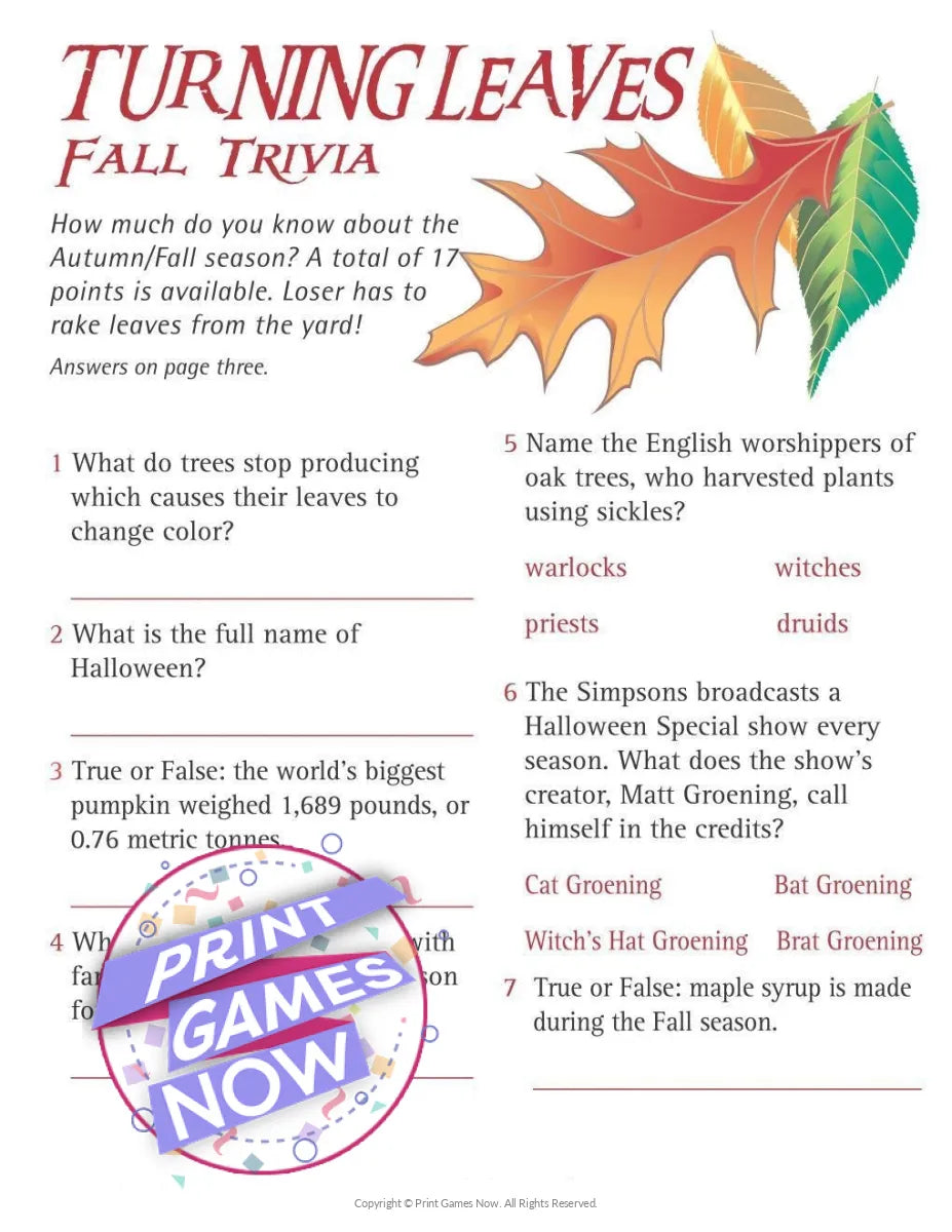 Printable Fall Harvest Turning Leaves Fall Trivia Party Game — Print ...