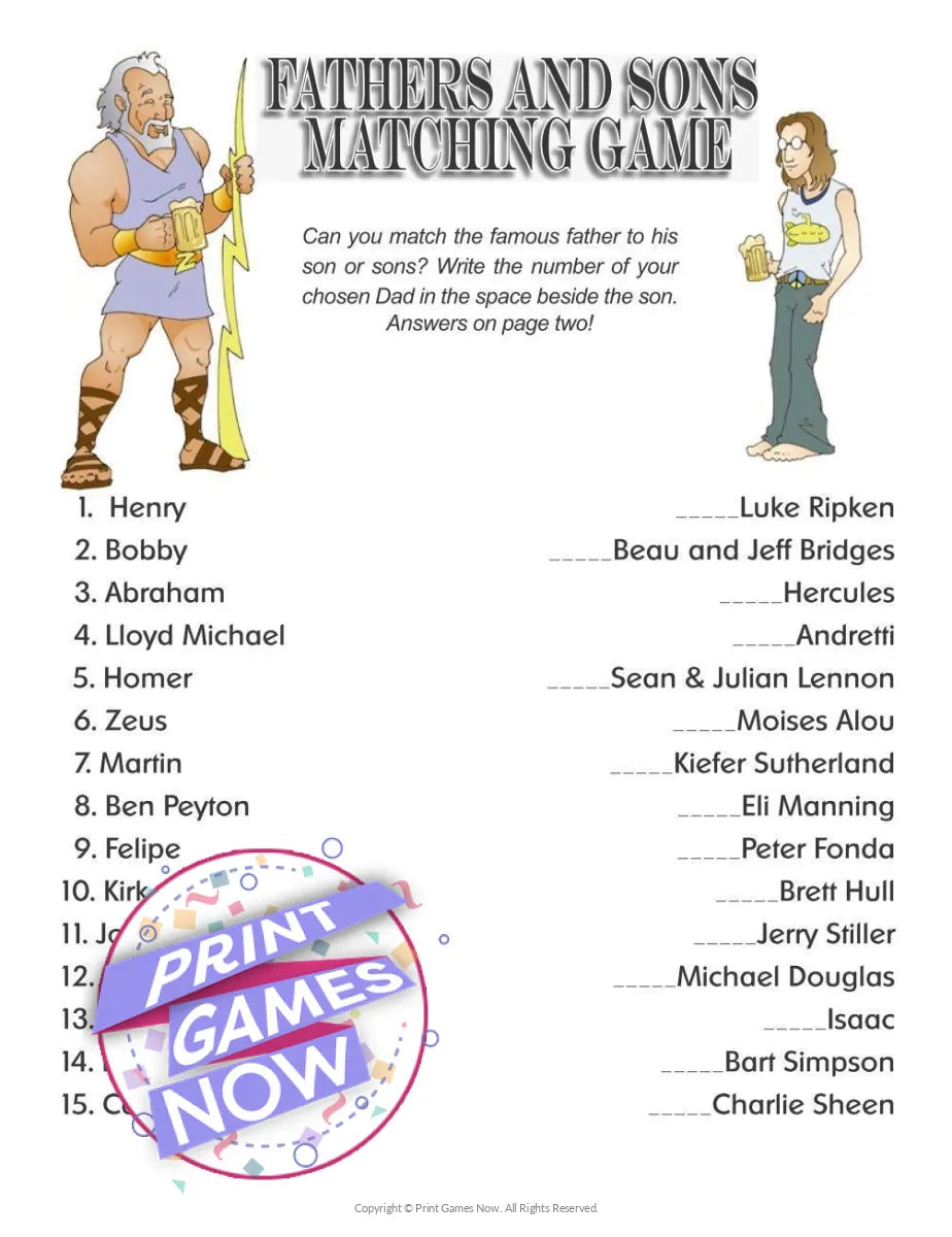 Printable Father's Day Fathers and Sons Matching Trivia Party Game ...