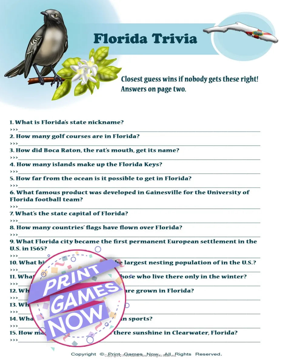 Printable Florida Party Trivia Game — Print Games Now