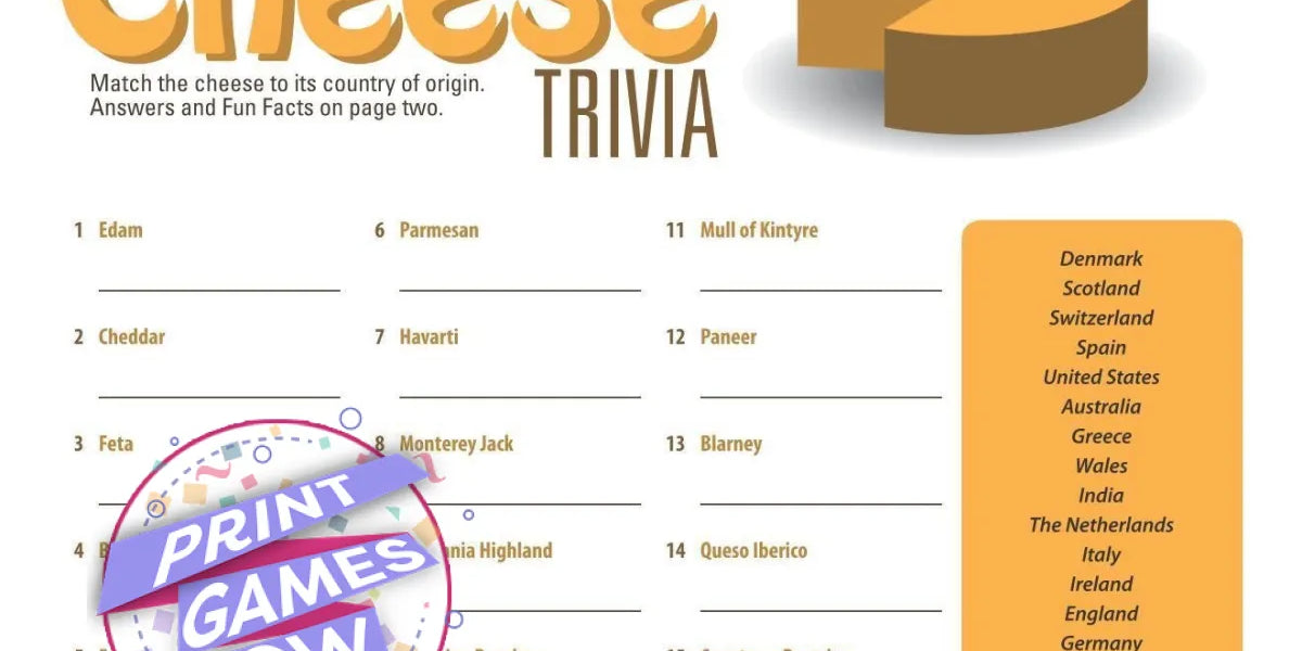 Printable Food & Drinks Cheese Trivia Party Game — Print Games Now