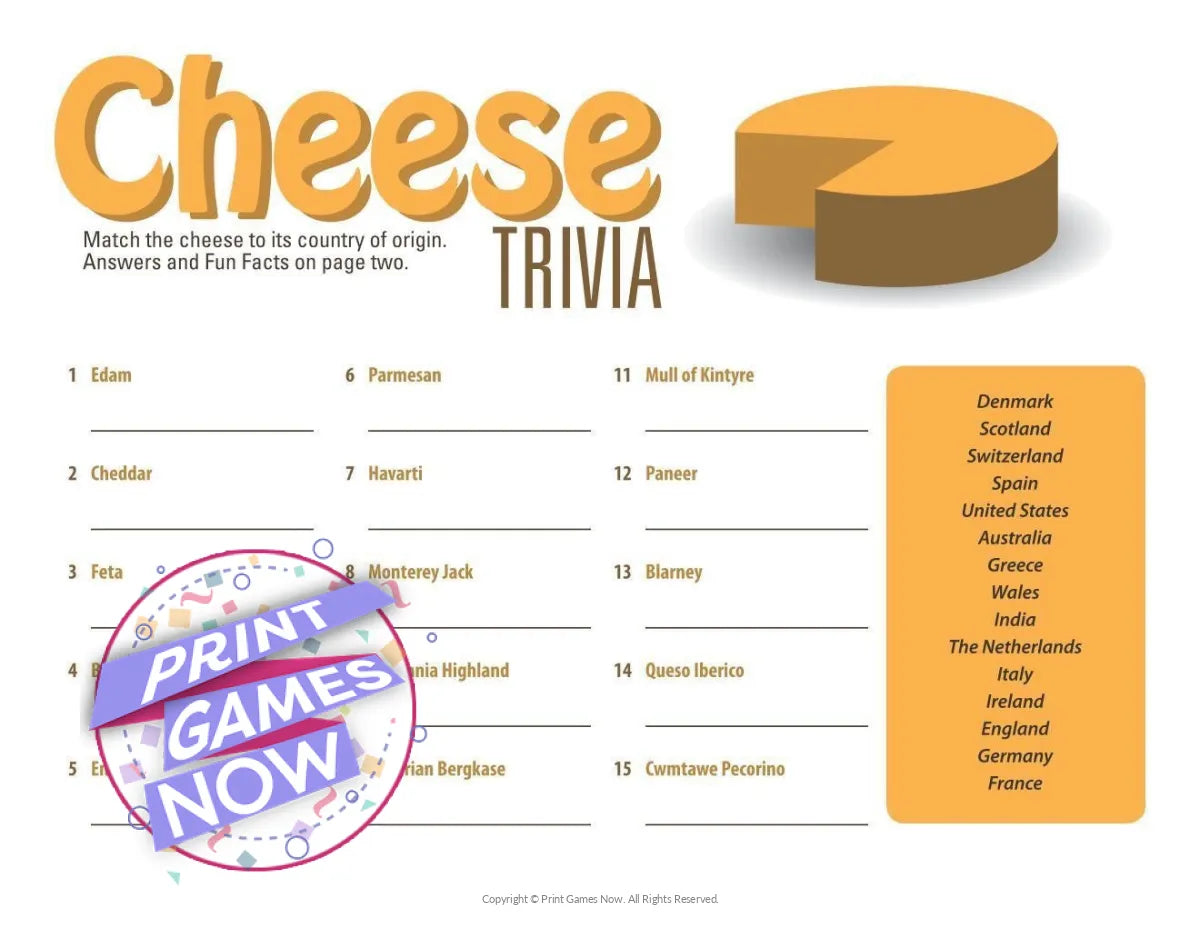 Printable Food & Drinks Cheese Trivia Party Game — Print Games Now