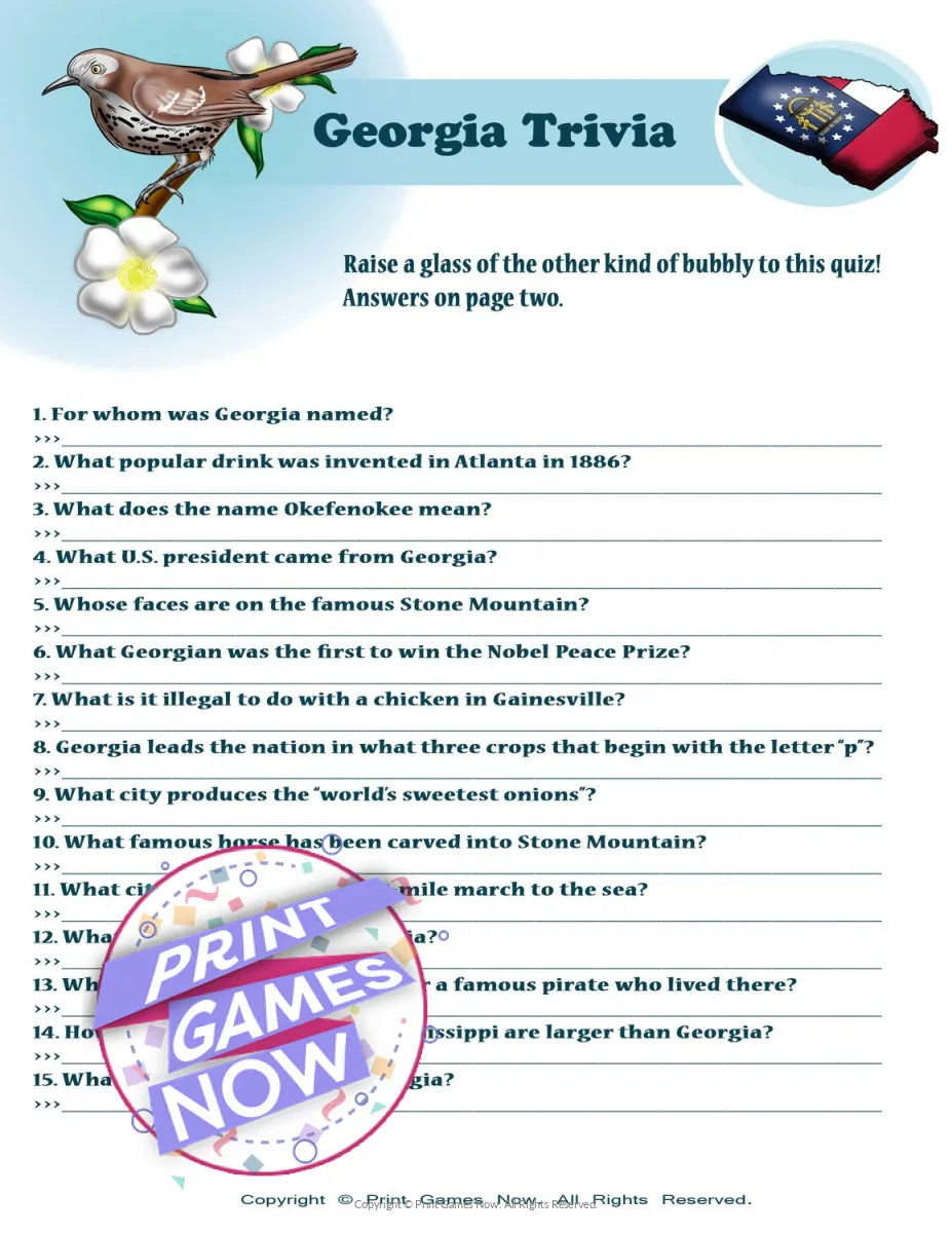 Printable Georgia Party Trivia Game — Print Games Now