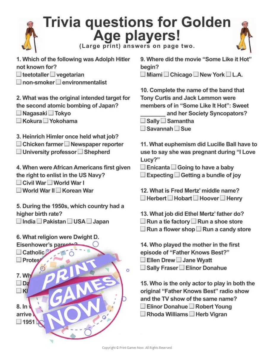Printable Golden Age Trivia Party Game — Print Games Now