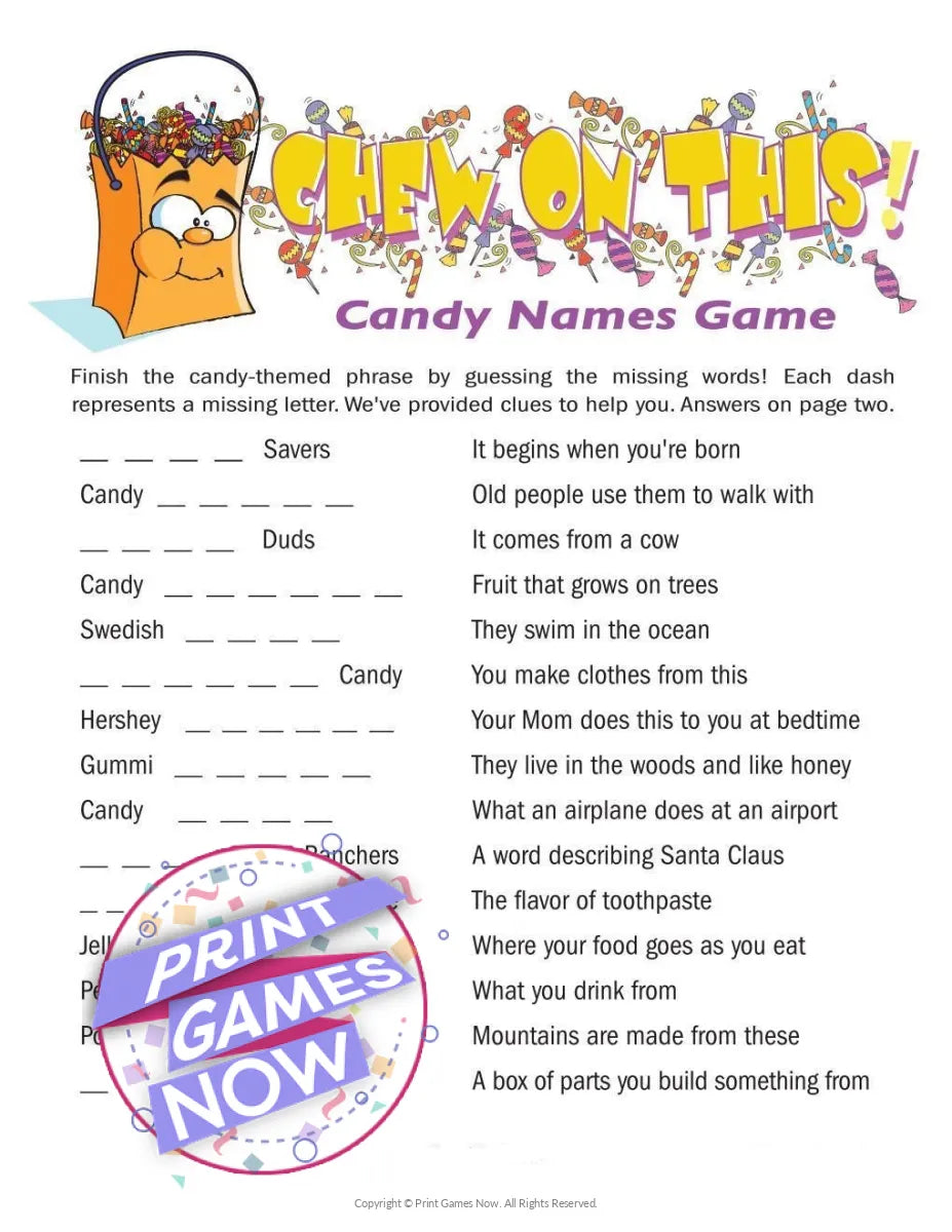 Printable Halloween Chew On This Candy Names For Kids Party Game ...