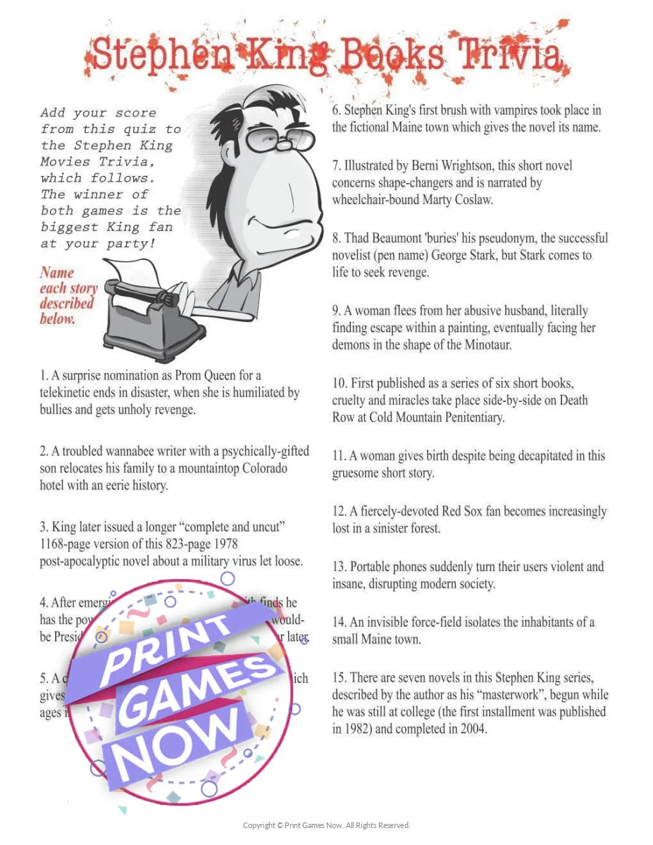 Printable Halloween Stephen King Trivia Party Game — Print Games Now