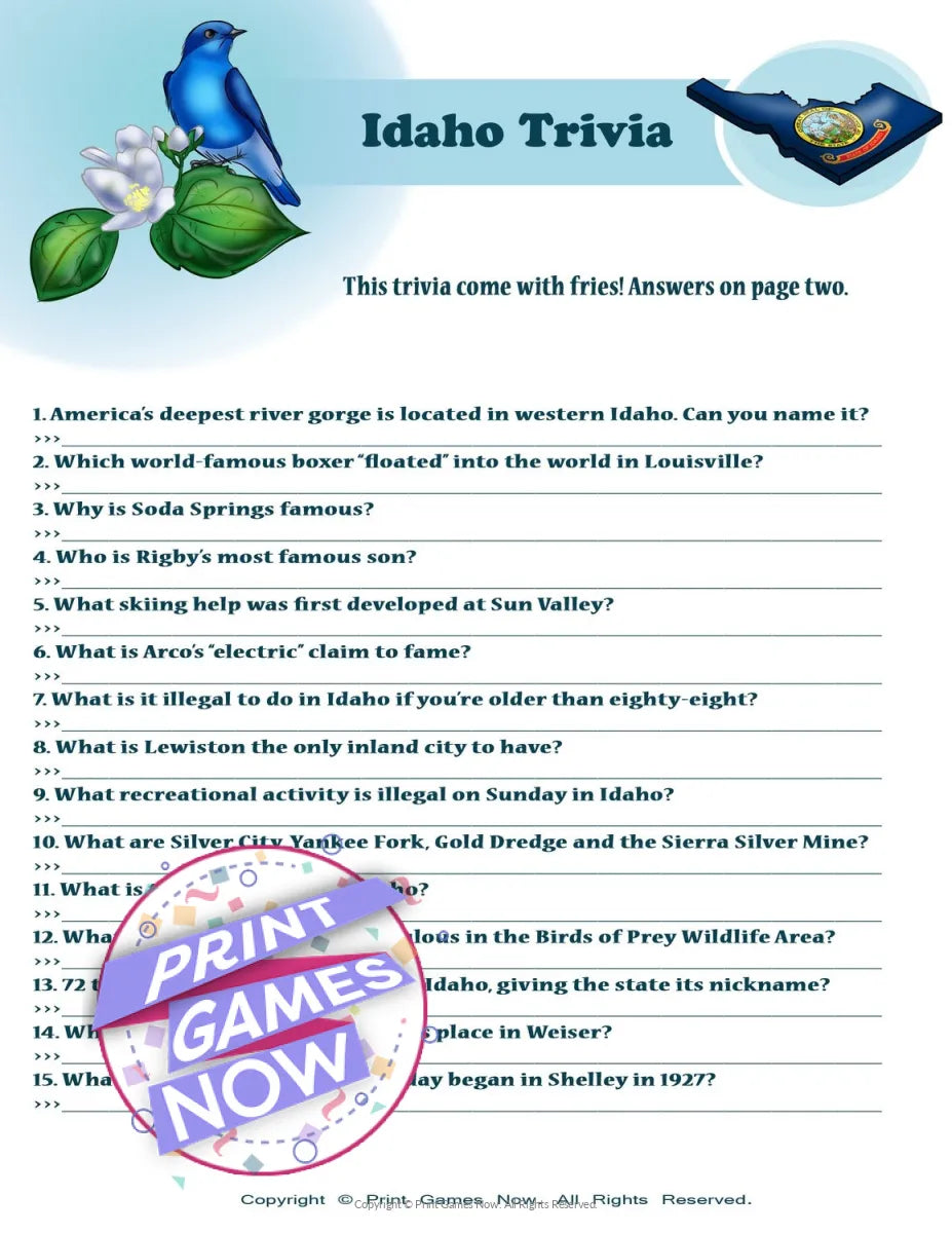 Printable Idaho Party Trivia Game — Print Games Now