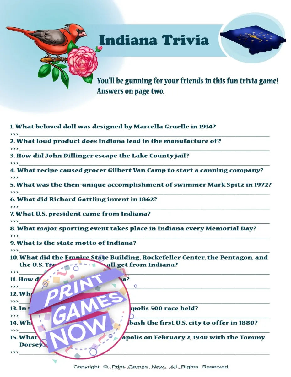 Printable Indiana Party Trivia Game — Print Games Now