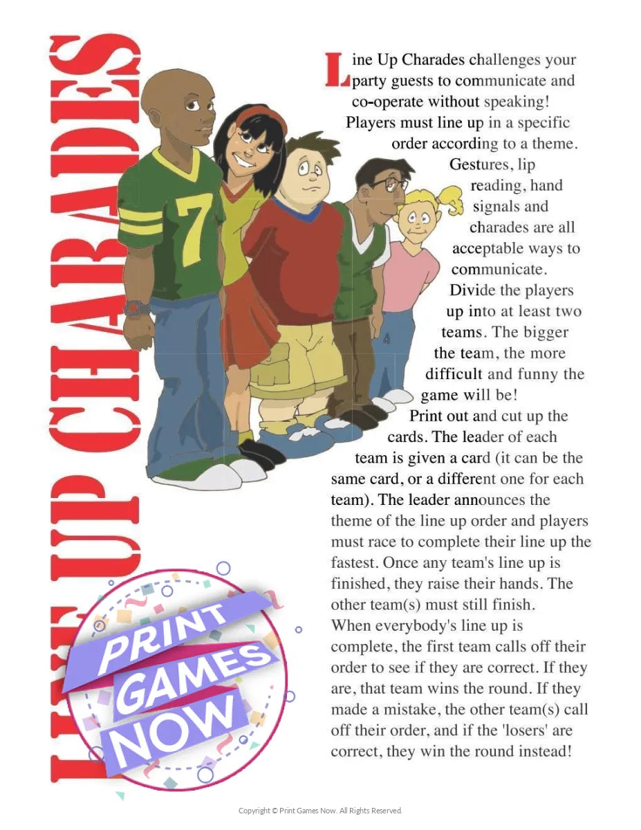 Printable Line Up Charades Party Game — Print Games Now
