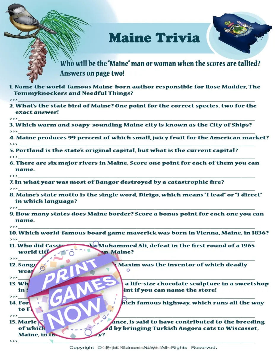 Printable Maine Party Trivia Game — Print Games Now