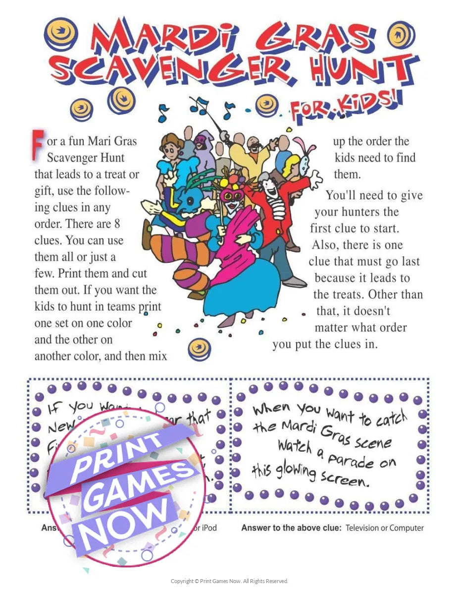 Printable Mardi Gras Scavenger Hunt For Kids Party Game — Print Games Now