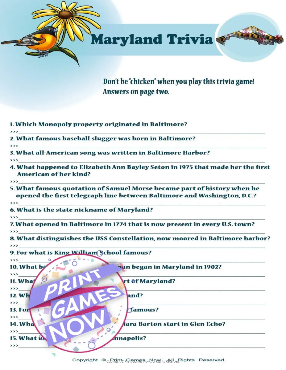 Printable Maryland Party Trivia Game — Print Games Now