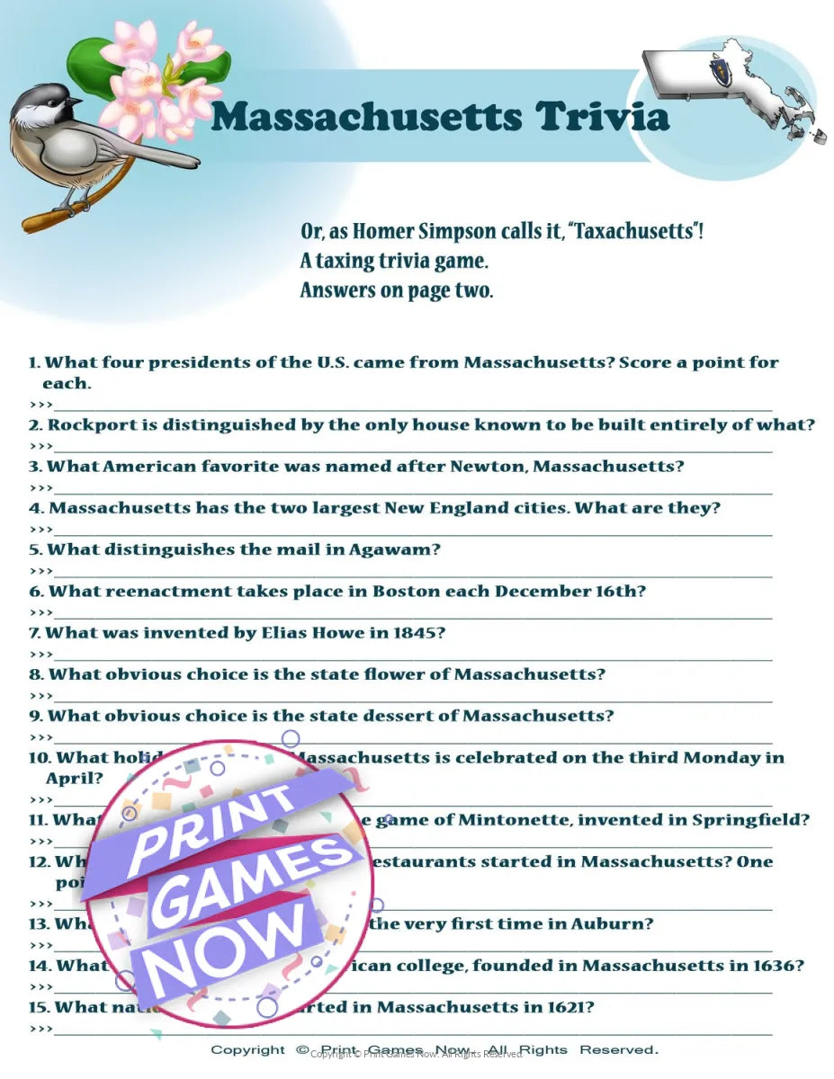 Printable Massachusetts Party Trivia Game — Print Games Now