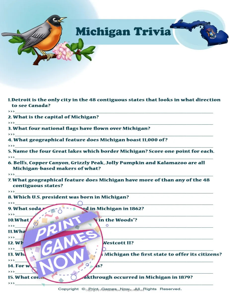 Printable Michigan Party Trivia Game — Print Games Now