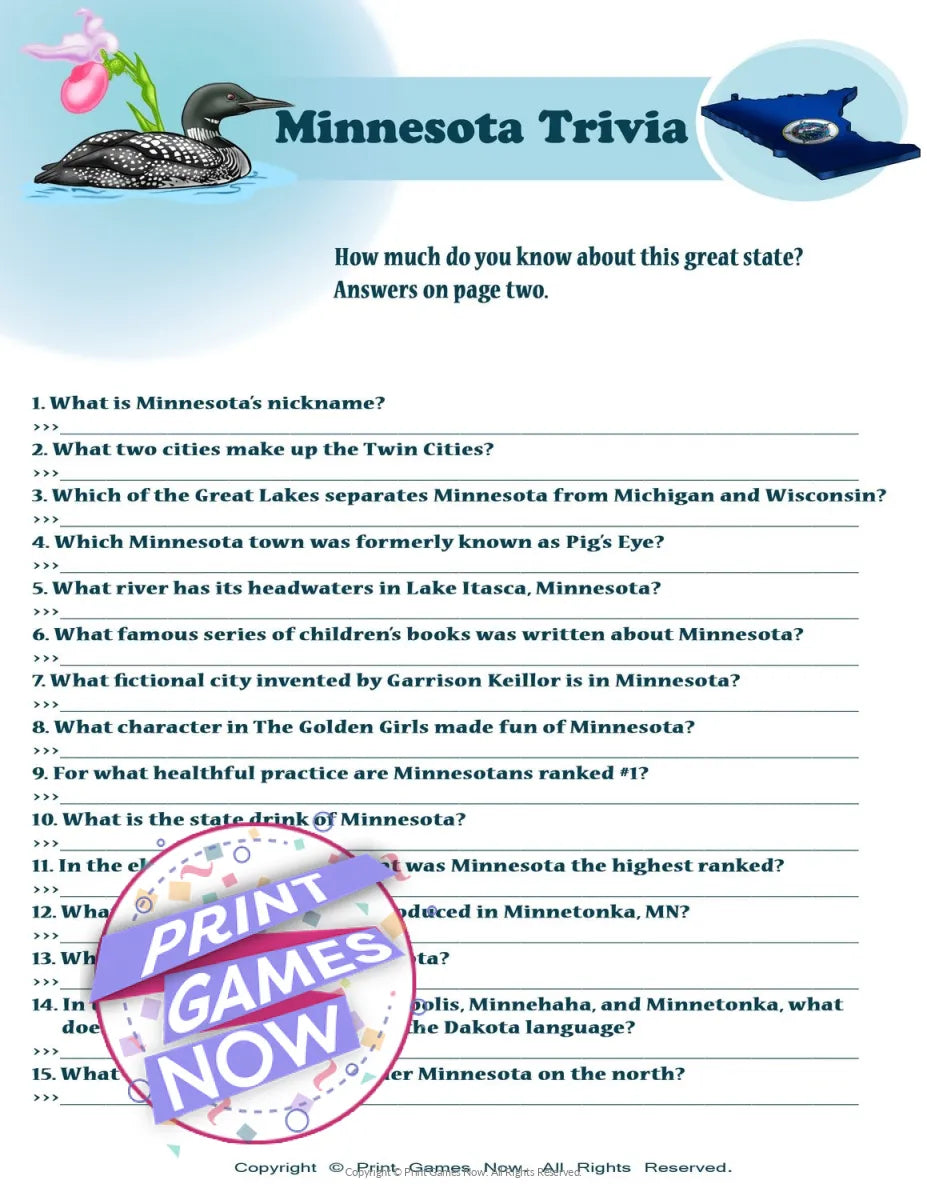 Printable Minnesota Party Trivia Game — Print Games Now