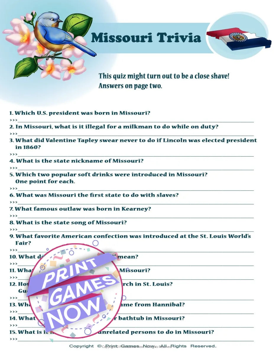 Printable Missouri Party Trivia Game — Print Games Now
