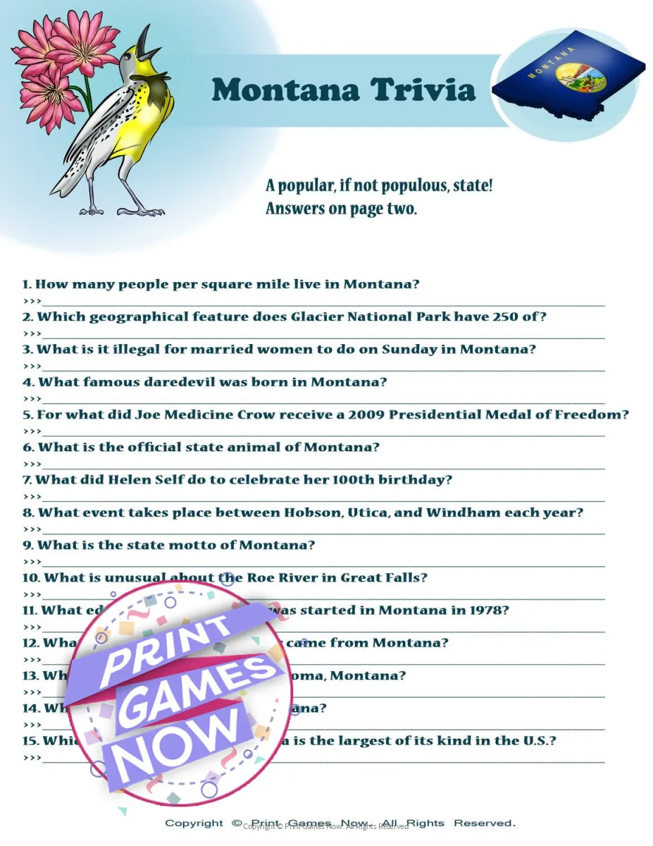 Printable Montana Party Trivia Game — Print Games Now