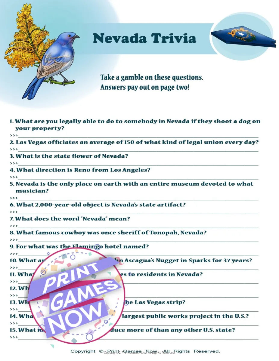 Printable Nevada Party Trivia Game — Print Games Now