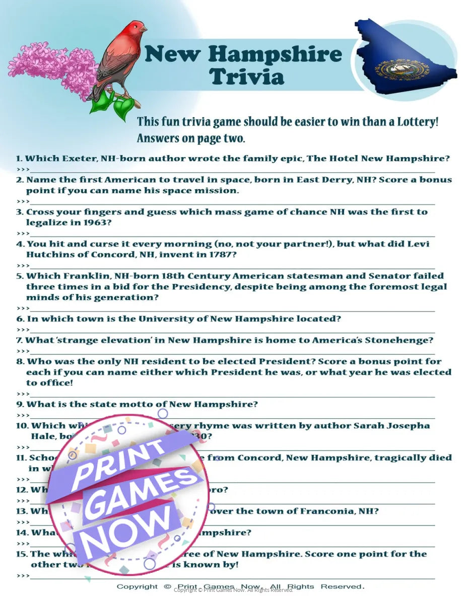 Printable New Hampshire Party Trivia Game — Print Games Now