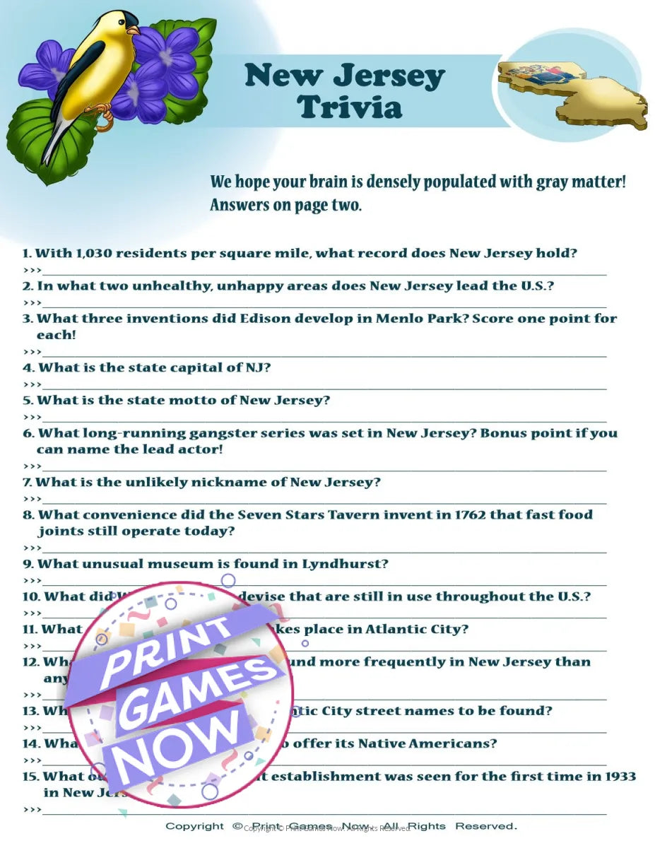 Printable New Jersey Party Trivia Game — Print Games Now