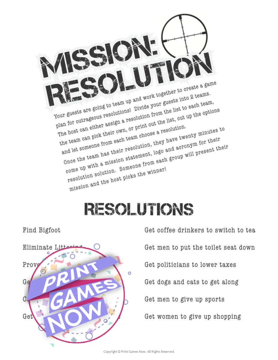 Printable New Year's Eve Resolutions Party Game — Print Games Now