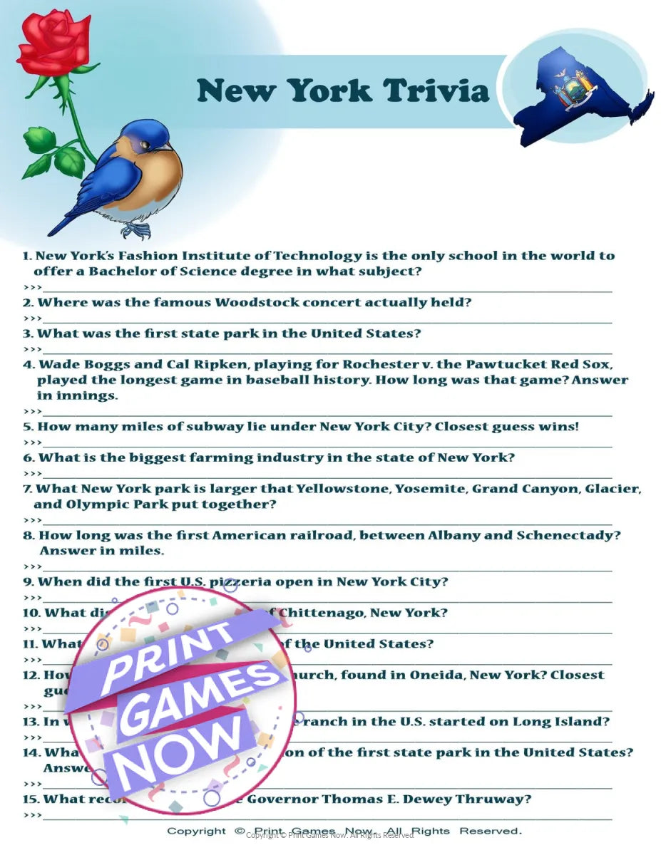 Printable New York State Party Trivia Game — Print Games Now