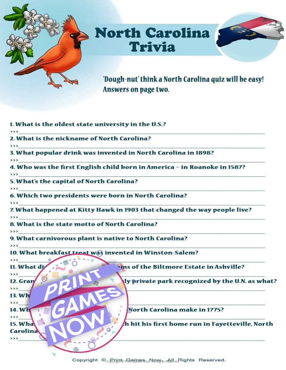 Printable North Carolina Party Trivia Game — Print Games Now